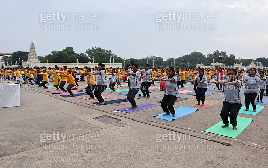 An Engaging picture of a large group of Yogis doing different Yogasanas ...