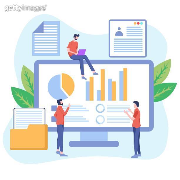 Data analysis concept with characters. Engine strategy, analyzing ...