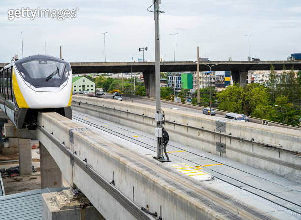 Elevated monorail train on rail. Public transit monorail. Modern mass transit. Rail ...
