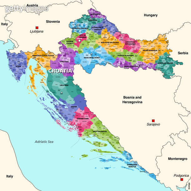 Croatia administrative divisions detailed vector map with neighbouring ...