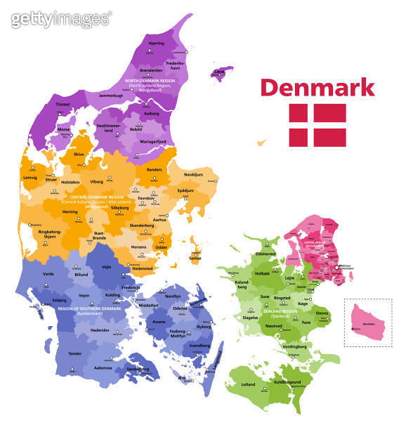 Denmark municipalities vector map colored by regions with ...