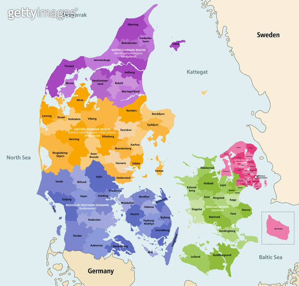 Denmark municipalities vector map colored by regions, surrounded by ...