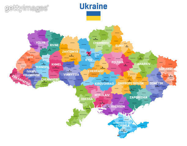 Ukraine map colored by administrative divisions (oblasts and raions ...