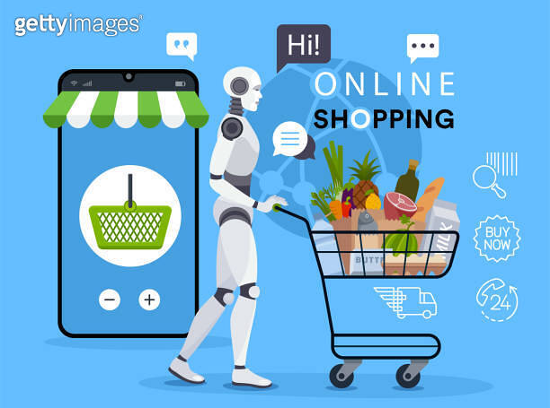 Online shopping with robots. AI Robot brings a supermarket cart filled ...