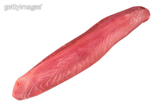 Yellow fin tuna steak isolated on white background. Fresh rare tuna ...