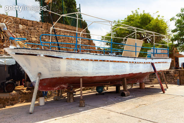 Frame of future fishing boat. Manual construction of a fishing boat or ...