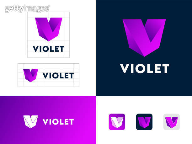 Violet sign. Letter V of impossible shape. Purple crystal as V monogram ...