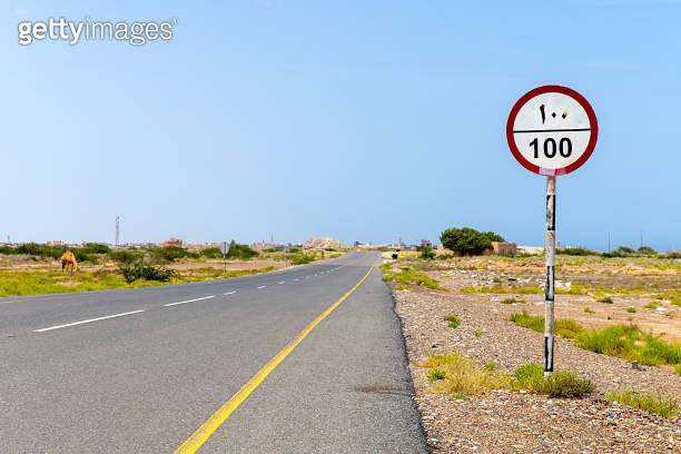 Highway road with speed limit sign - speed limit 100 kilometers per ...