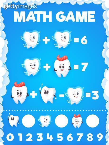 Cartoon tooth characters math game worksheet 이미지 (1479887965) - 게티이미지뱅크