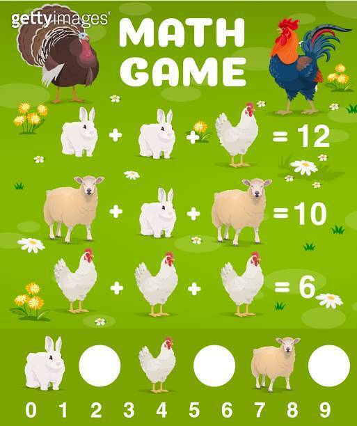 Cartoon farm animals math game worksheet task 이미지 (1479560935) - 게티이미지뱅크