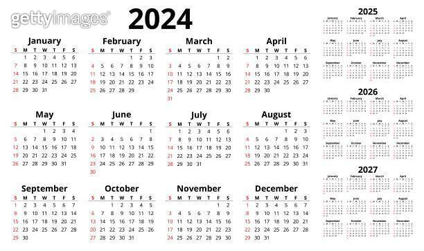 Vector 2024, 2025, 2026, 2027 horizontal english calendars. Simple ...