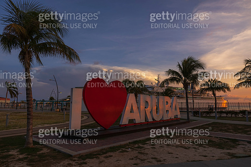 Beautiful view of letters I love Aruba in center of Oranjestad, capital ...