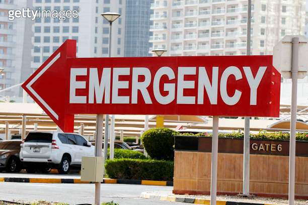 hospital emergency arrow sign board in close up at dubai united arab ...
