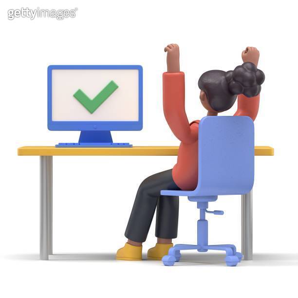 3D illustration of african woman Coco completed task and triumphing with raised hands on the his ...