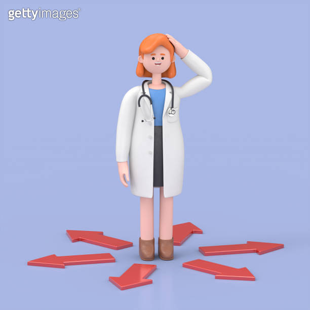 3D illustration of Female Doctor Nova standing at crossroads arrows ...