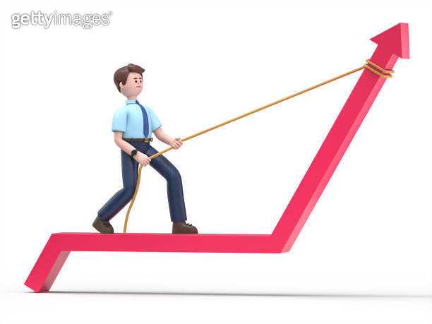 3D illustration of smiling Asian man Felix pulling arrow graph chart up ...