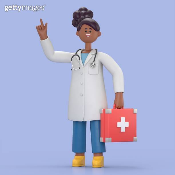 3D illustration of Female Doctor Juliet holds red case first aid kit ...