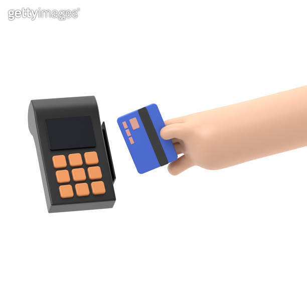 Cartoon hand holding credit card and payment terminal. POS terminal ...