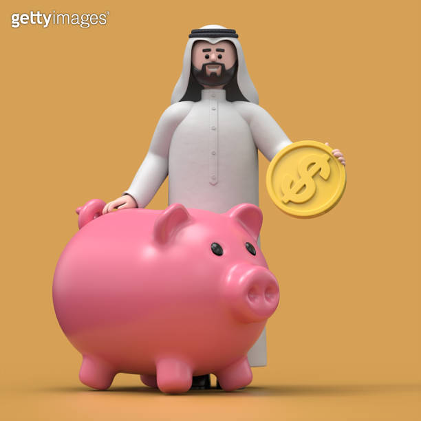 3D illustration of smiling Arab man Hadi with Piggy Bank and Golden ...