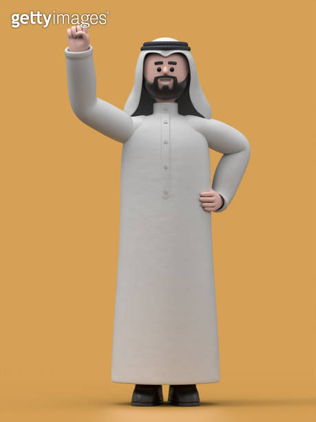 3D illustration of smiling Arab man Hadi- doing winner, clenched fist ...
