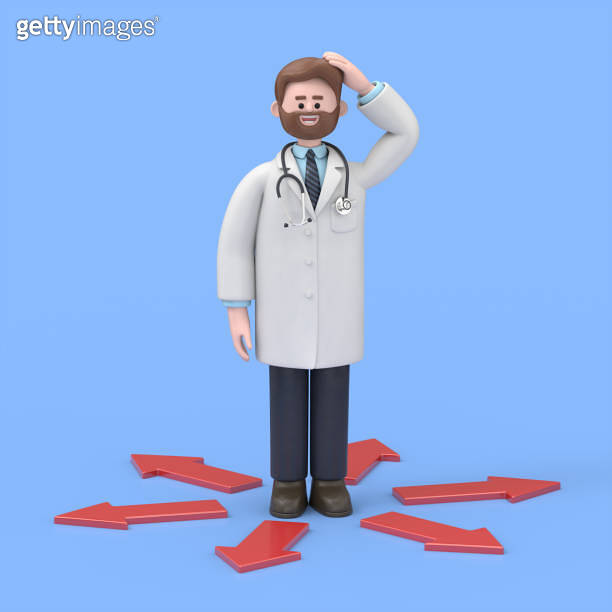 3D illustration of Male Doctor Iverson standing at crossroads arrows ...