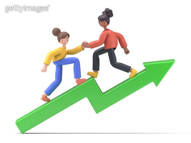 3D illustration of cartoon characters. Goal-focused, increase ...