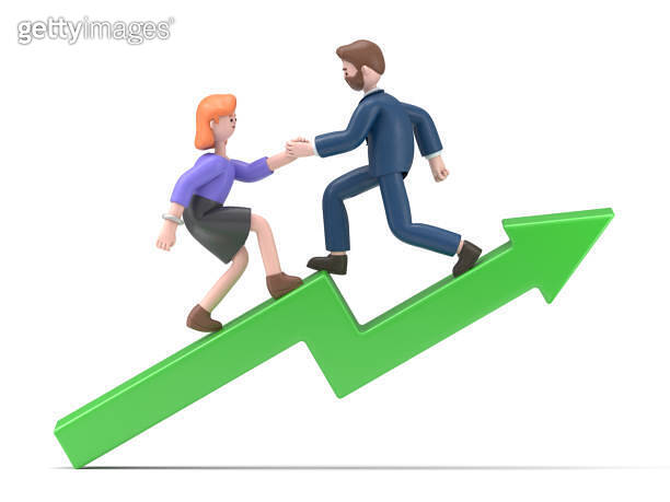 3D illustration of cartoon characters. Goal-focused, increase ...