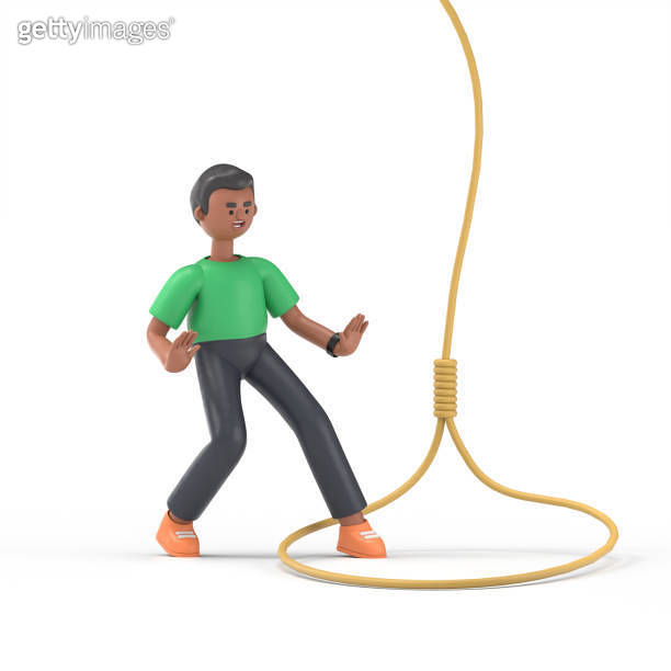 3D illustration of handsome afro man David was caught in a rope loop ...