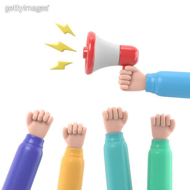 Cartoon hands of demonstrants and hand with Megaphone,protest concept ...
