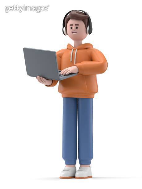 3D illustration of standing happy male guy Qadir holding laptop ...