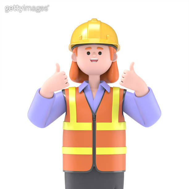 3D illustration of Female engineer Pam showing thumb up, positive hand ...