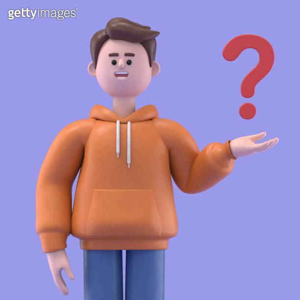 3D Illustration of smiling male guy Qadir thinking with a question mark ...