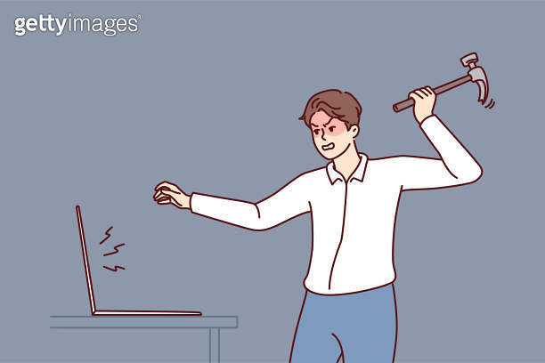 Aggressive man smashes laptop screen with hammer because intrusive ...