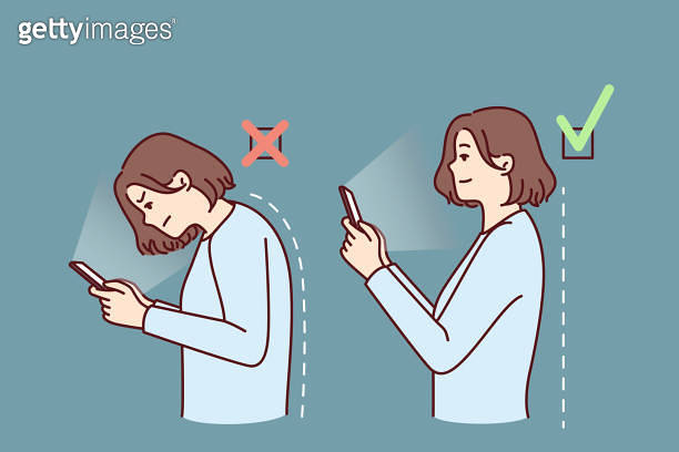 Girl with mobile phone demonstrates correct and incorrect posture while ...