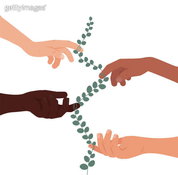 Diverse hands holding plant together. Save the Earth, peace. Team ...