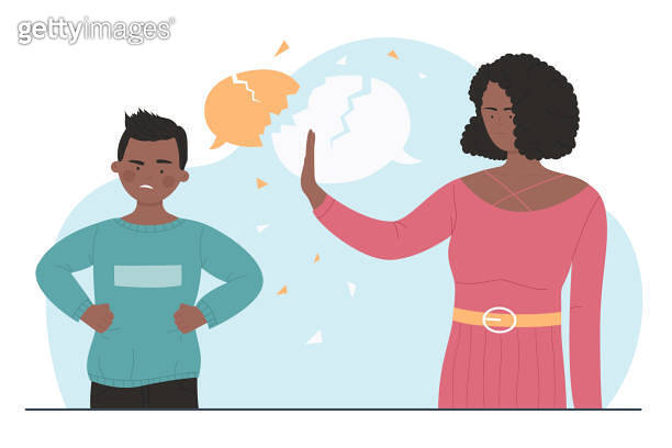 Misunderstanding between parent and child, mother showing stop gesture ...