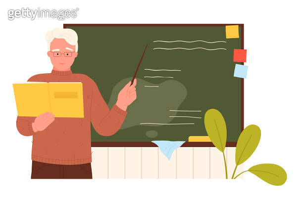 Male teacher standing at blackboard to explain science presentation ...