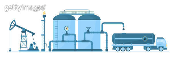Oil industry infographic industrial objects, drilling rig, storage tank ...