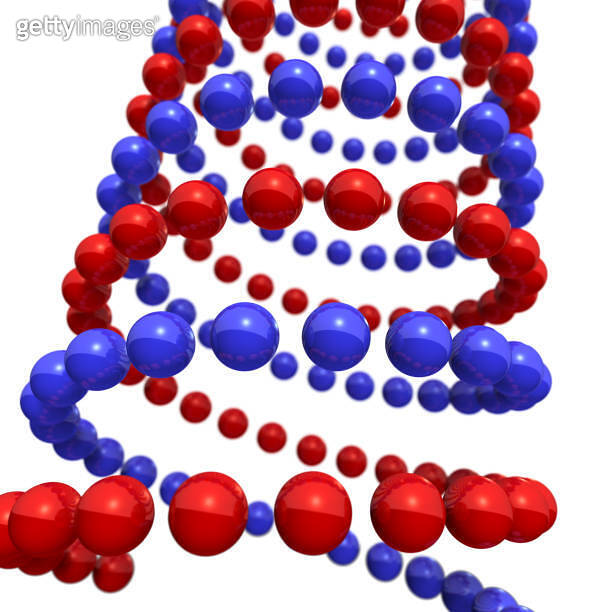 A structure connected to a double helix structure. red and blue. An ...