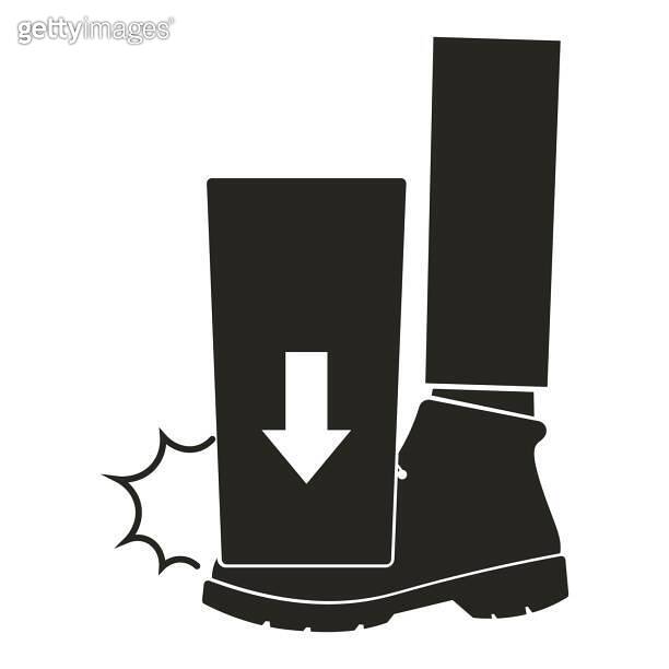 Isolated black pictogram icon of feet injury risk, pinched foot, use ...