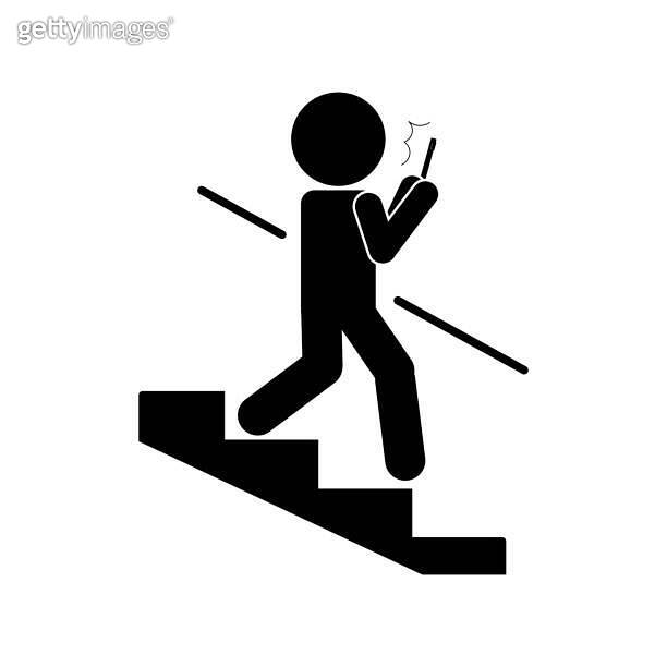 Isolated illustration of man stick figure walking down stair with hold ...