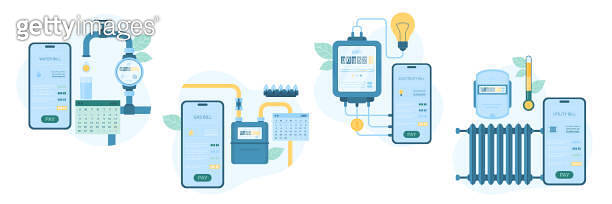 Payment of utility bills in mobile apps set, smartphones for monitoring ...