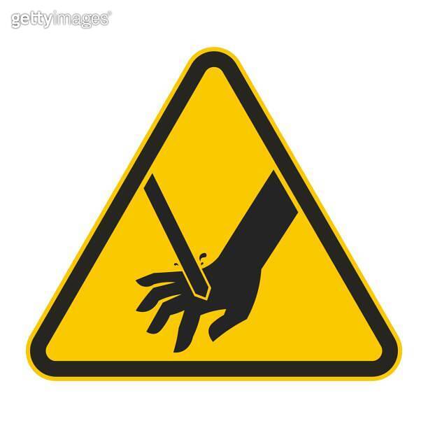 Triangle yellow sign pictogram icon of hand injury with knife blade ...