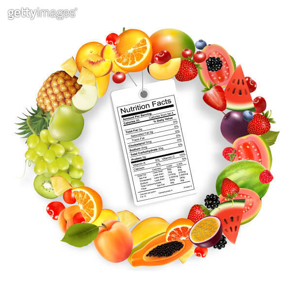 Fruit and vegetables and a nutrient label. Diet concept. Strawberry ...
