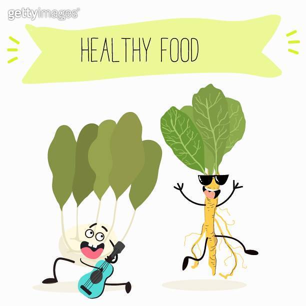 Vector Illustration with funny cartoon characters horseradish, kohlrabi ...