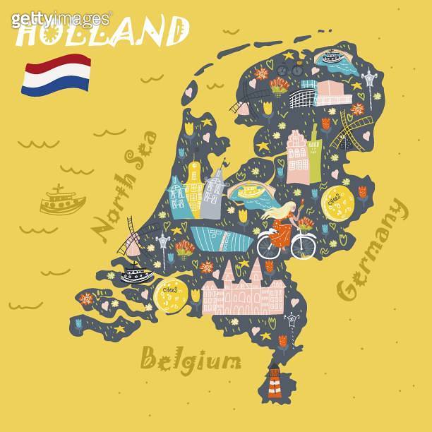Holland, Netherlands, Amsterdam map, hand drawn vector cartoon ...