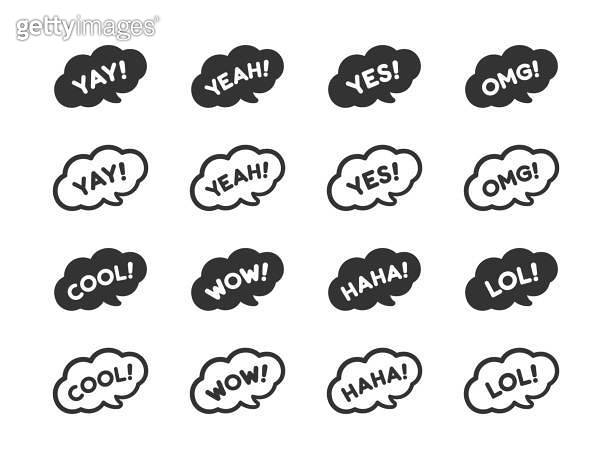 Cute speech bubble with short phrases hello, bye, yes, no, yay, cool ...