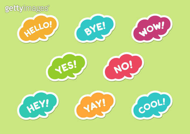Cute speech bubble with short phrases hello, bye, yes, no, yay, cool ...