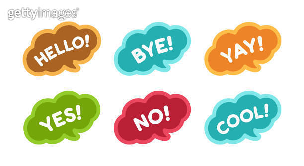 Cute speech bubble with short phrases hello, bye, yes, no, yay, cool ...