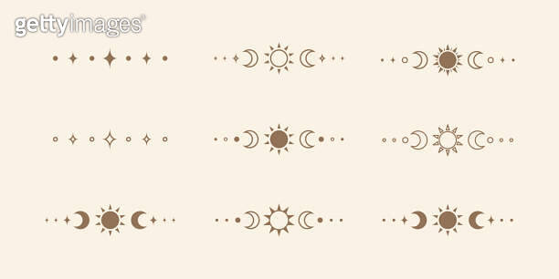 Celestial text divider with sun, stars, moon phases, crescents. Ornate ...